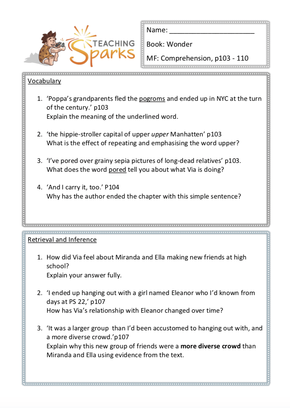 Wonder Book Resources | KS2 | Year 5 | Year 6 | Comprehension | SPAG