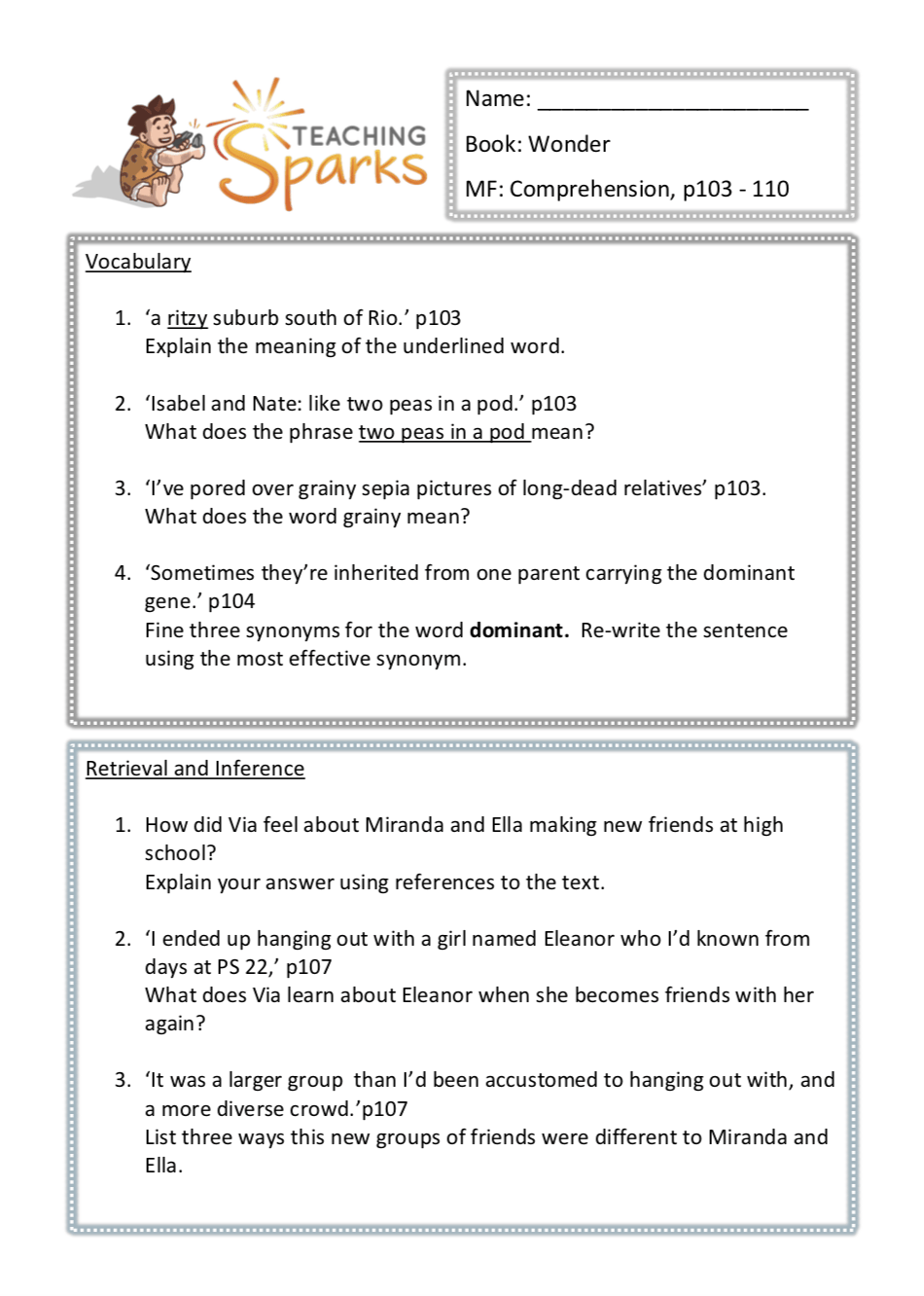 Wonder Book Resources | KS2 | Year 5 | Year 6 | Comprehension | SPAG