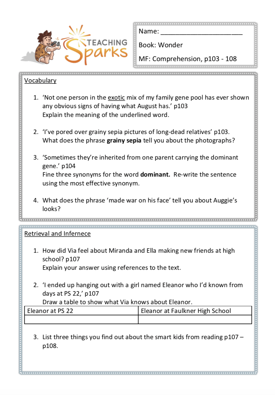 Wonder Book Resources | KS2 | Year 5 | Year 6 | Comprehension | SPAG